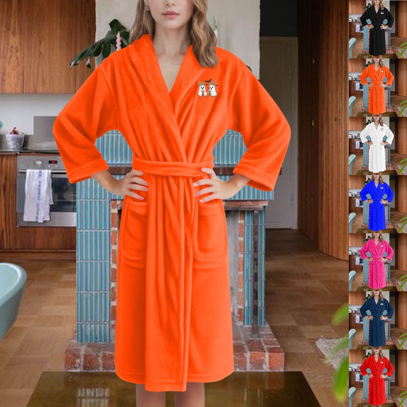 Kilaqueen Halloween Spooky Pattern Robes for Women Shawl Collar Soft ...