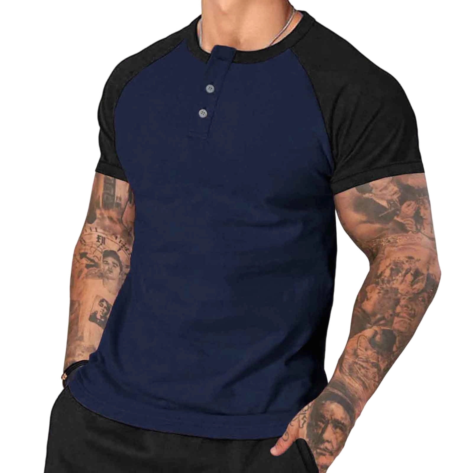 Kilaqueen Henley Shirts for Men Color Block Button Collared Short ...