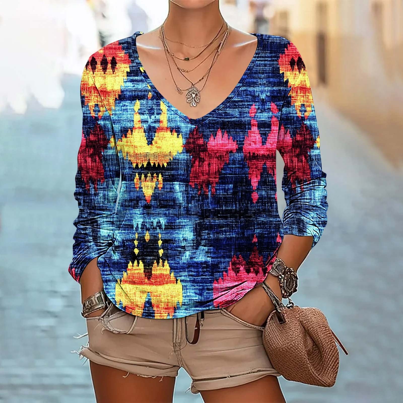 Kilaqueen Long Sleeve V Neck Boho Tops for Women Fall Dressy Casual ...