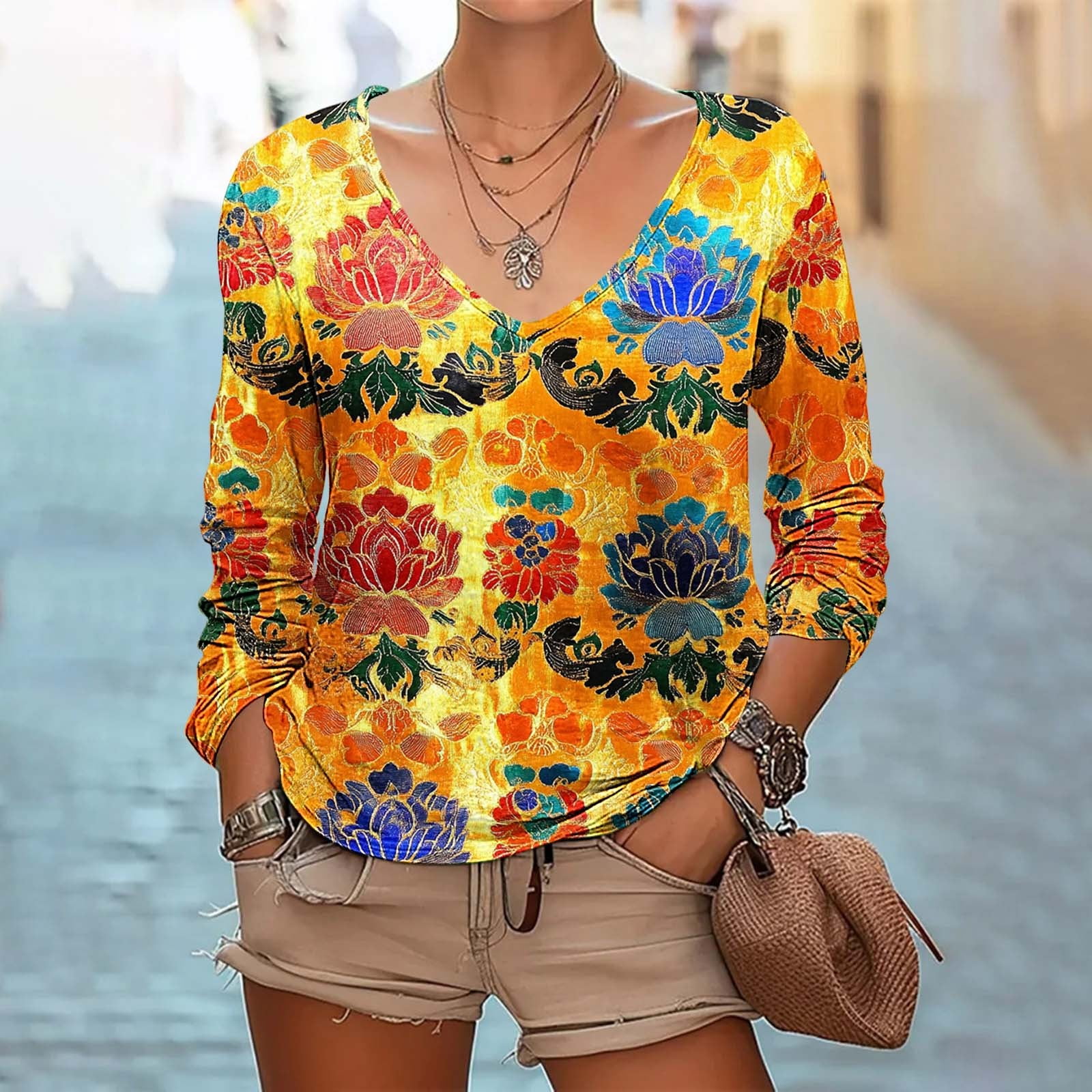 Kilaqueen Long Sleeve V Neck Boho Tops for Women Fall Dressy Casual ...
