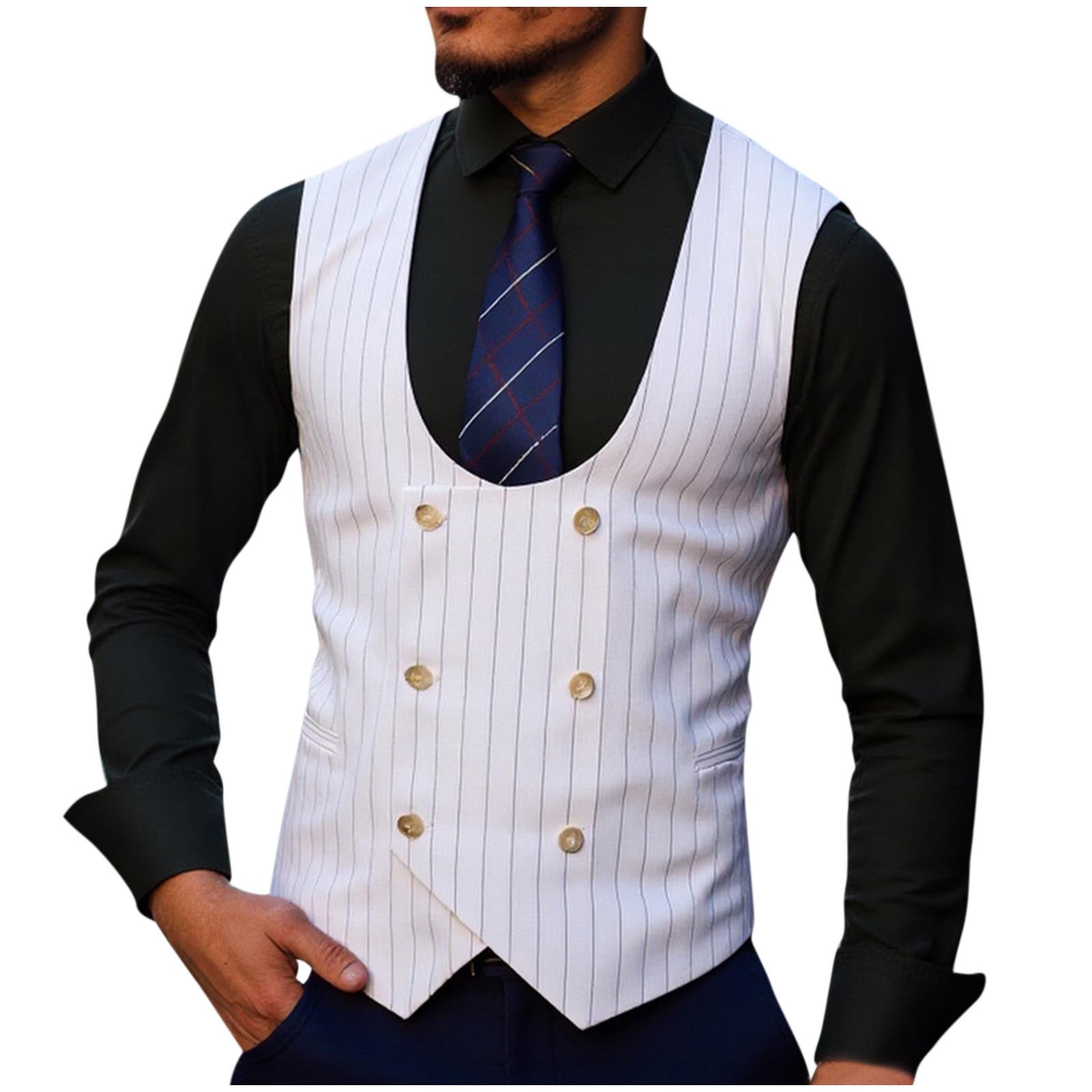 Kilaqueen Men's Suit Vest U Neck Double Breasted Slim Fit Business ...