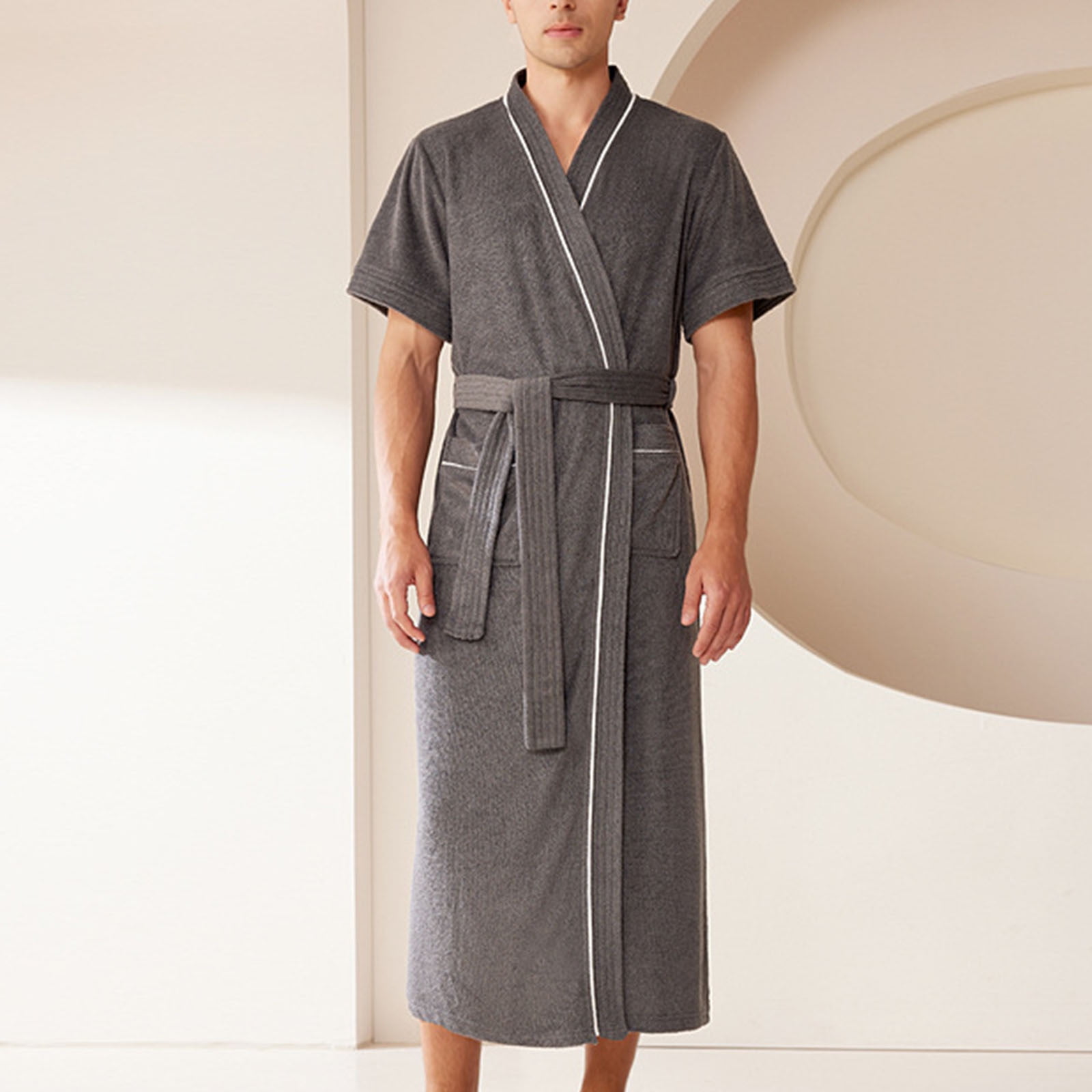 Kilaqueen Mens Short Sleeve Long Robe Terry Cloth Belted Bathrobe ...