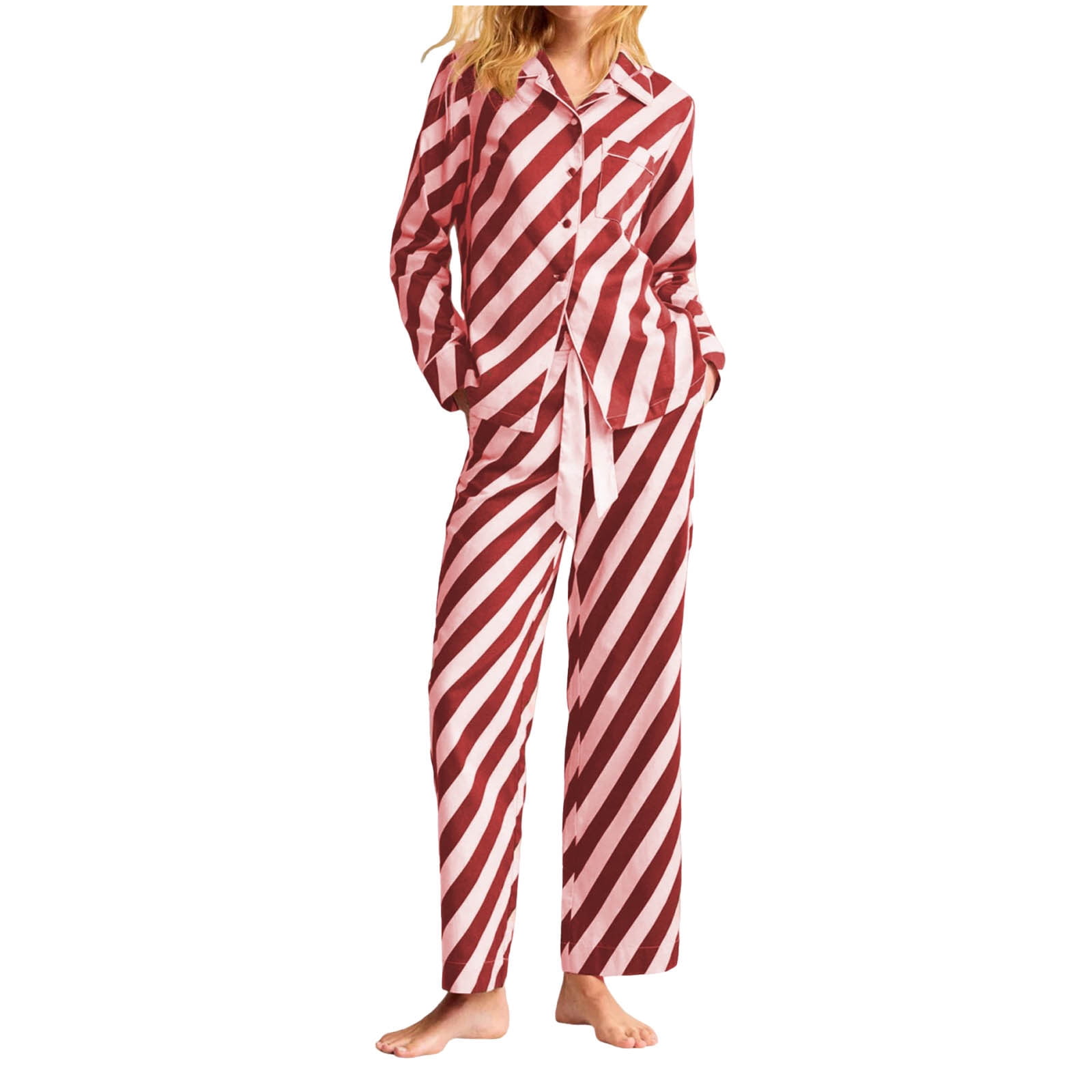 Kilaqueen Pajamas for Women Diagonal Stripe Button Down Lapel Long ...