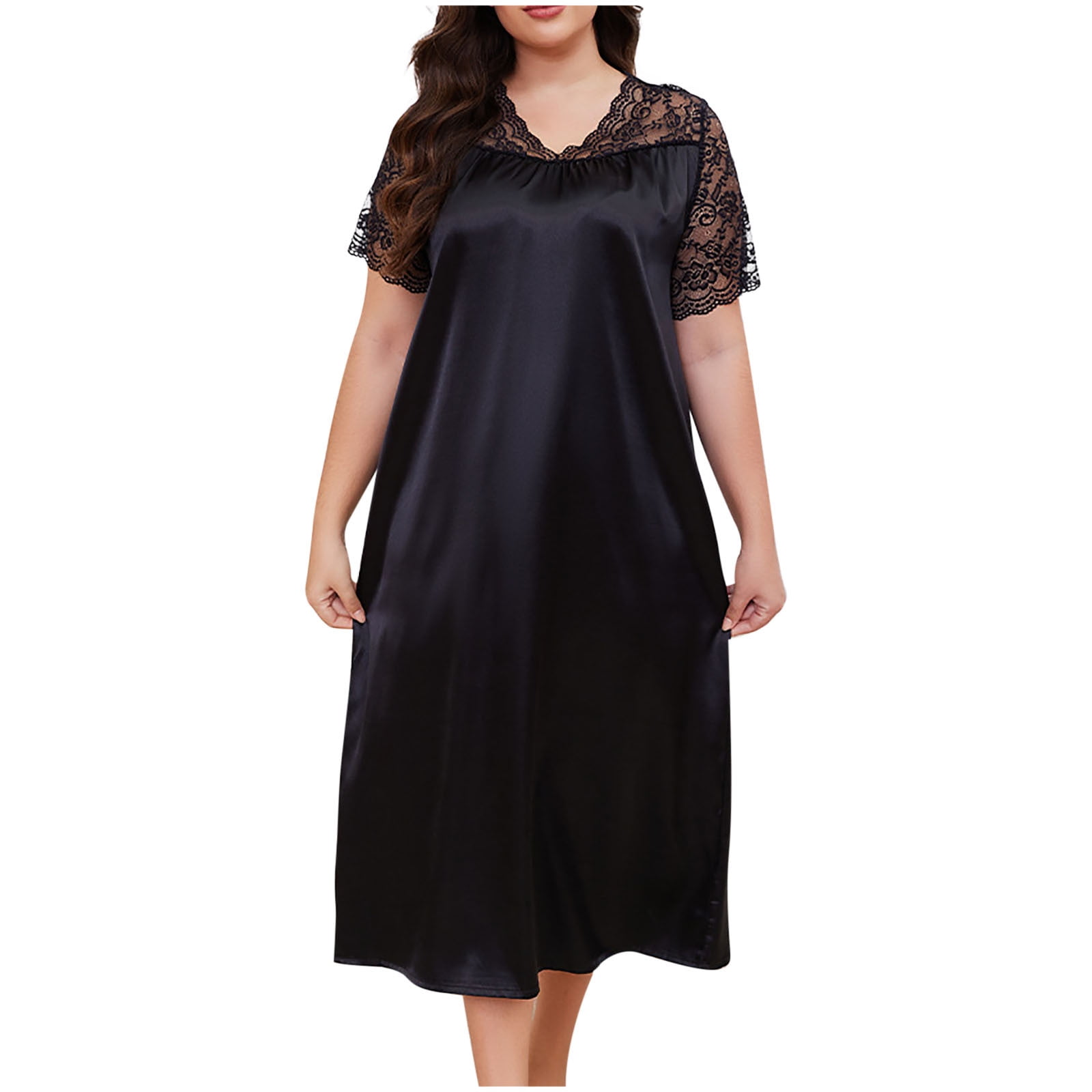 Kilaqueen Plus Size Nightgowns for Women Lace Trim Satin Silk Short ...
