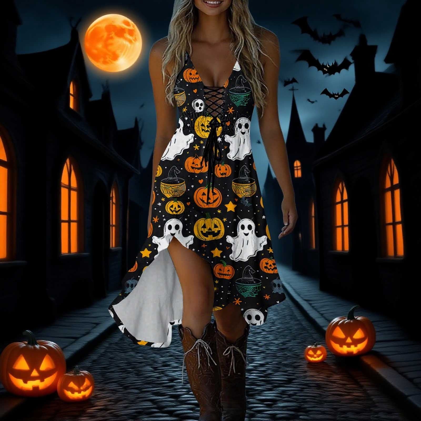 Kilaqueen Spooky Pumpkin Pattern Halloween Dresses for Women Sexy V ...