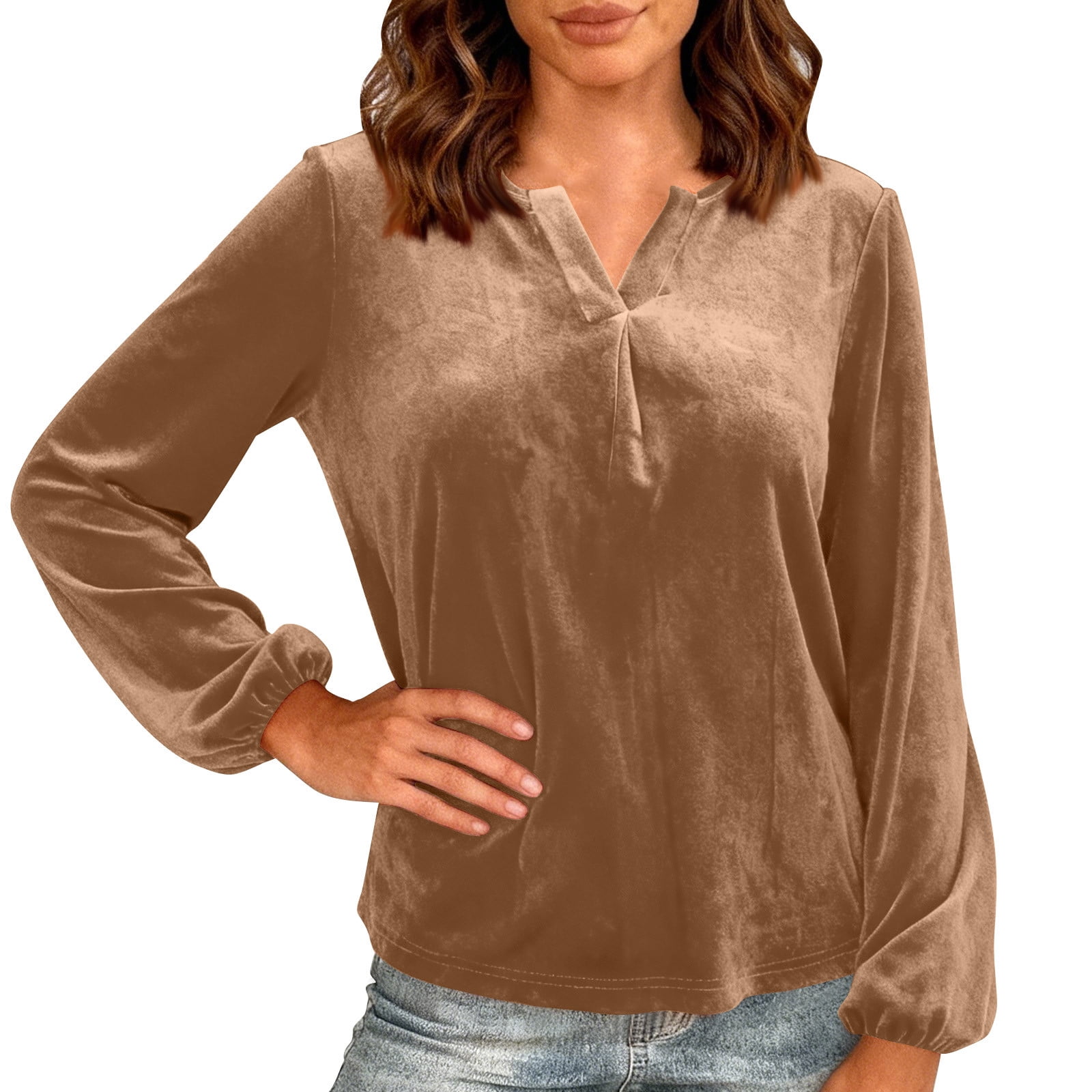 Kilaqueen Velvet Tops for Women Trendy Puff Long Sleeve Pleated V Neck ...
