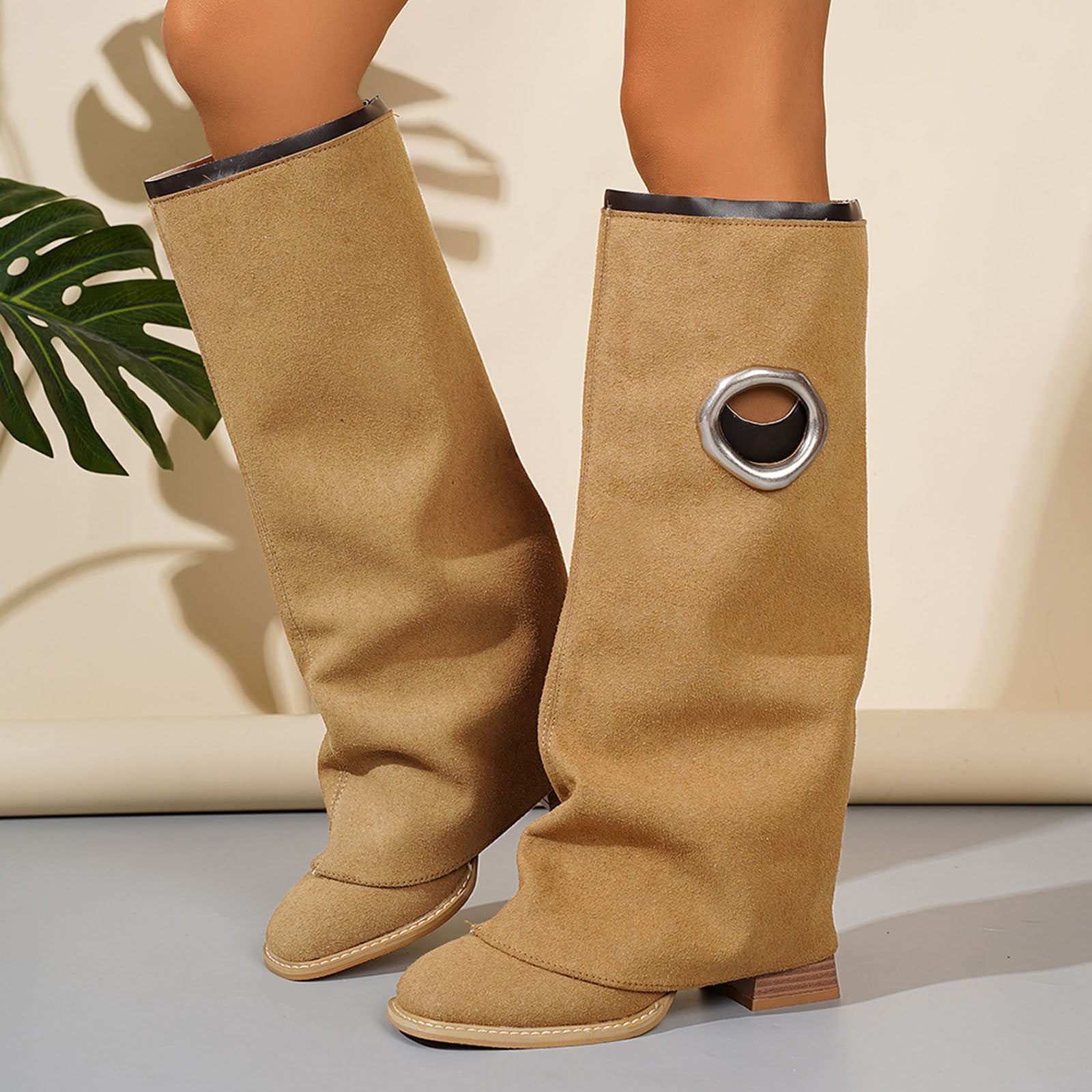 Kilaqueen Women Fold Over Boots Slouchy Knee High Tall Boots Chunky ...