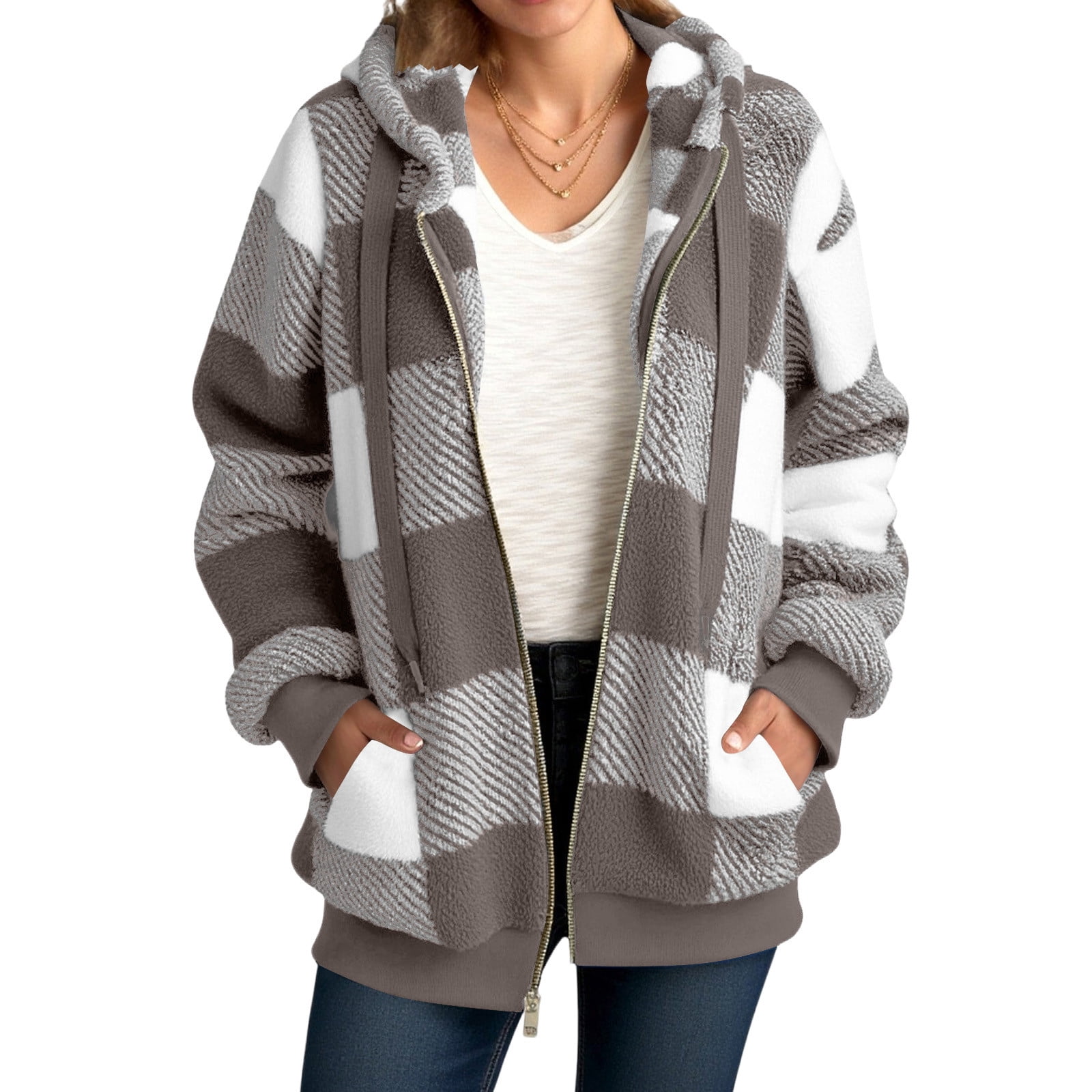 Kilaqueen Women Plaid Hooded Jackets Drawstring Fall Sherpa Shackets ...