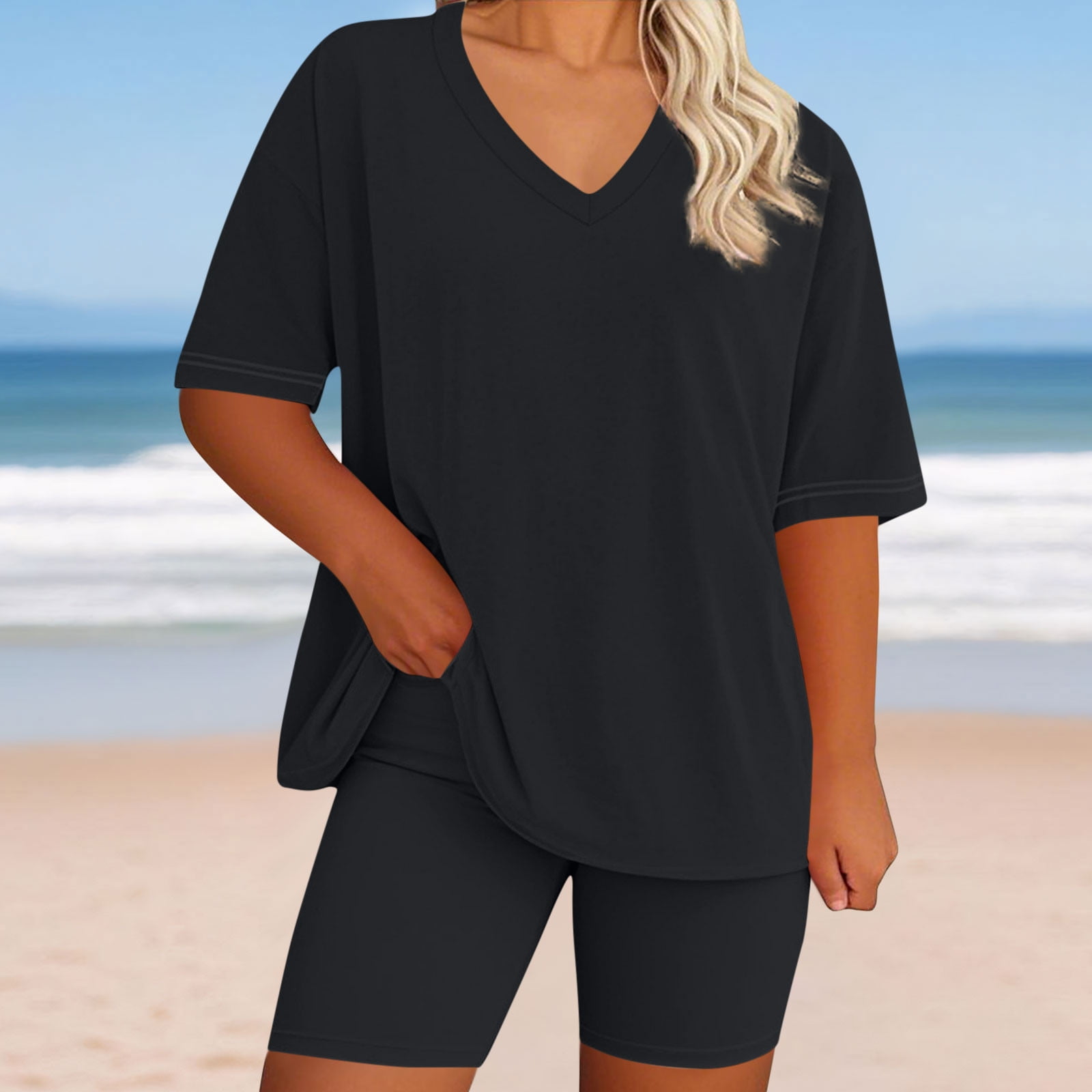 Kilaqueen Women Plus Size 2 Piece Outfits Short Sleeve V Neck Tunic ...
