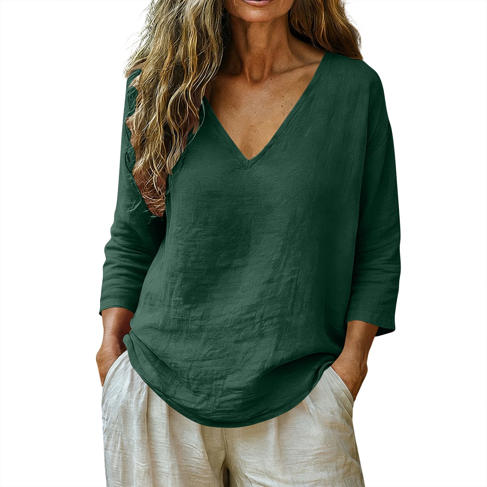 Kilaqueen Women's Cotton Linen Blouses V Neck 3/4 Sleeve Pullover Tops ...