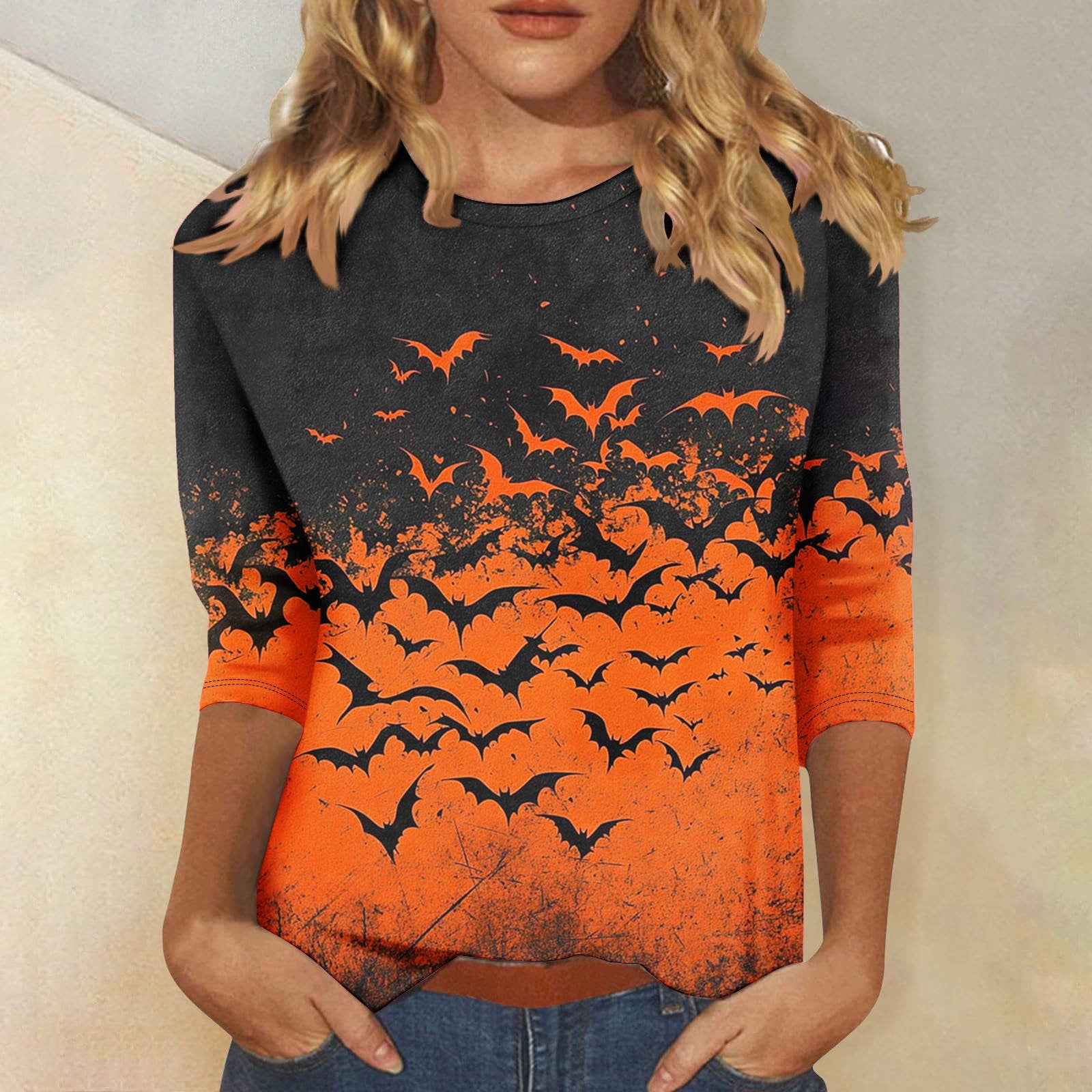 Kilaqueen Women's Halloween Tshirts 3/4 Sleeve Graphic Tees Round Neck ...
