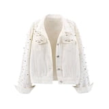 Kilaqueen Women's Pearls Denim Jacket Rhinestones Embroidered Pearls ...