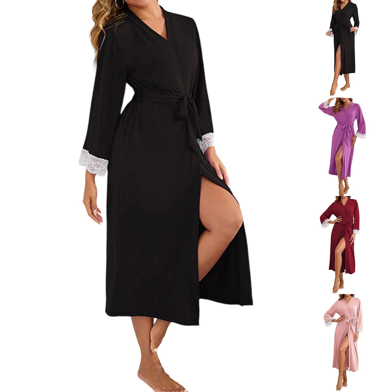 Kilaqueen Women's Satin Robe Long Silk Kimono Bathrobe Lace Trim Bride ...