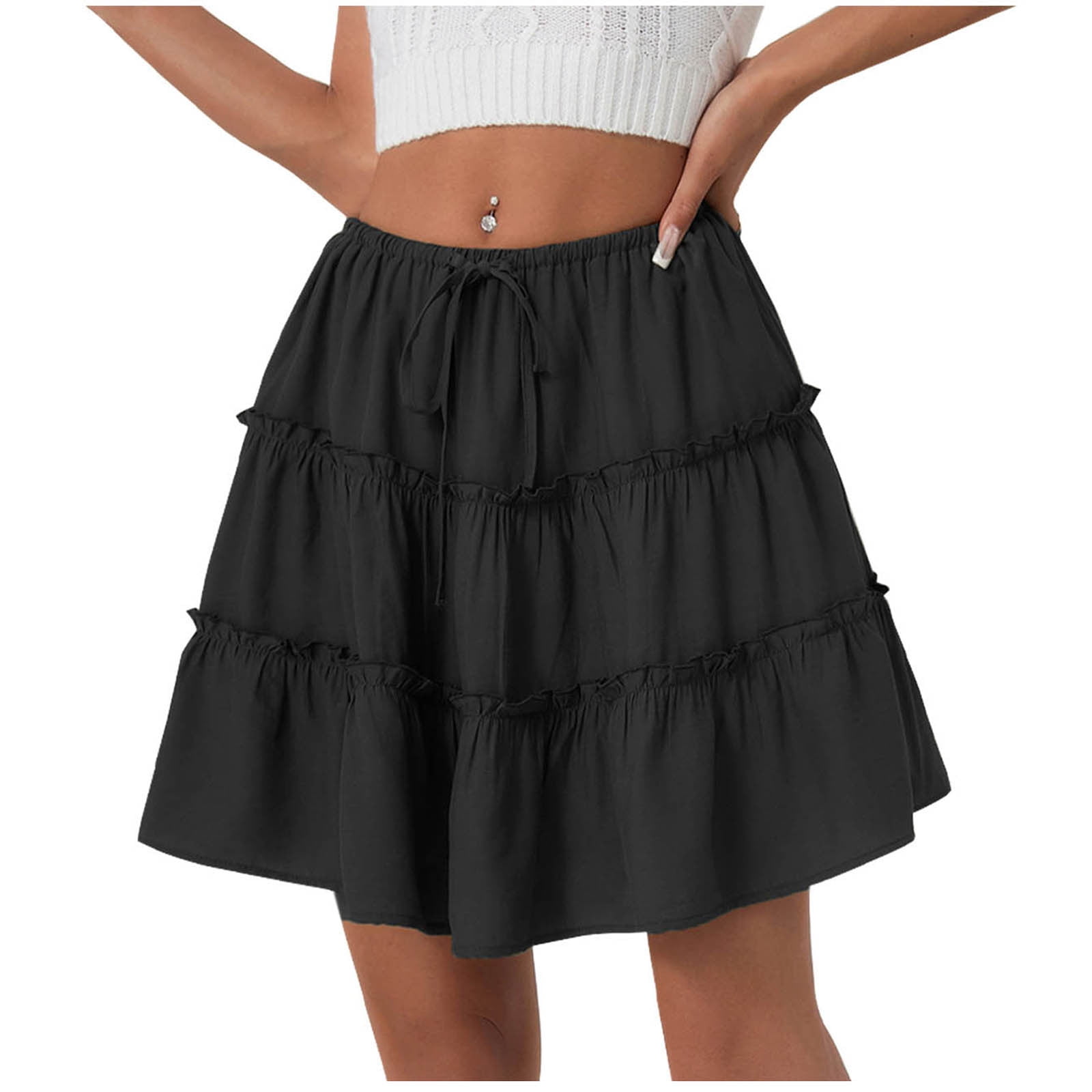 Kilaqueen Womens Pleated Mini Skirt High Waisted Drawstring Tiered ...