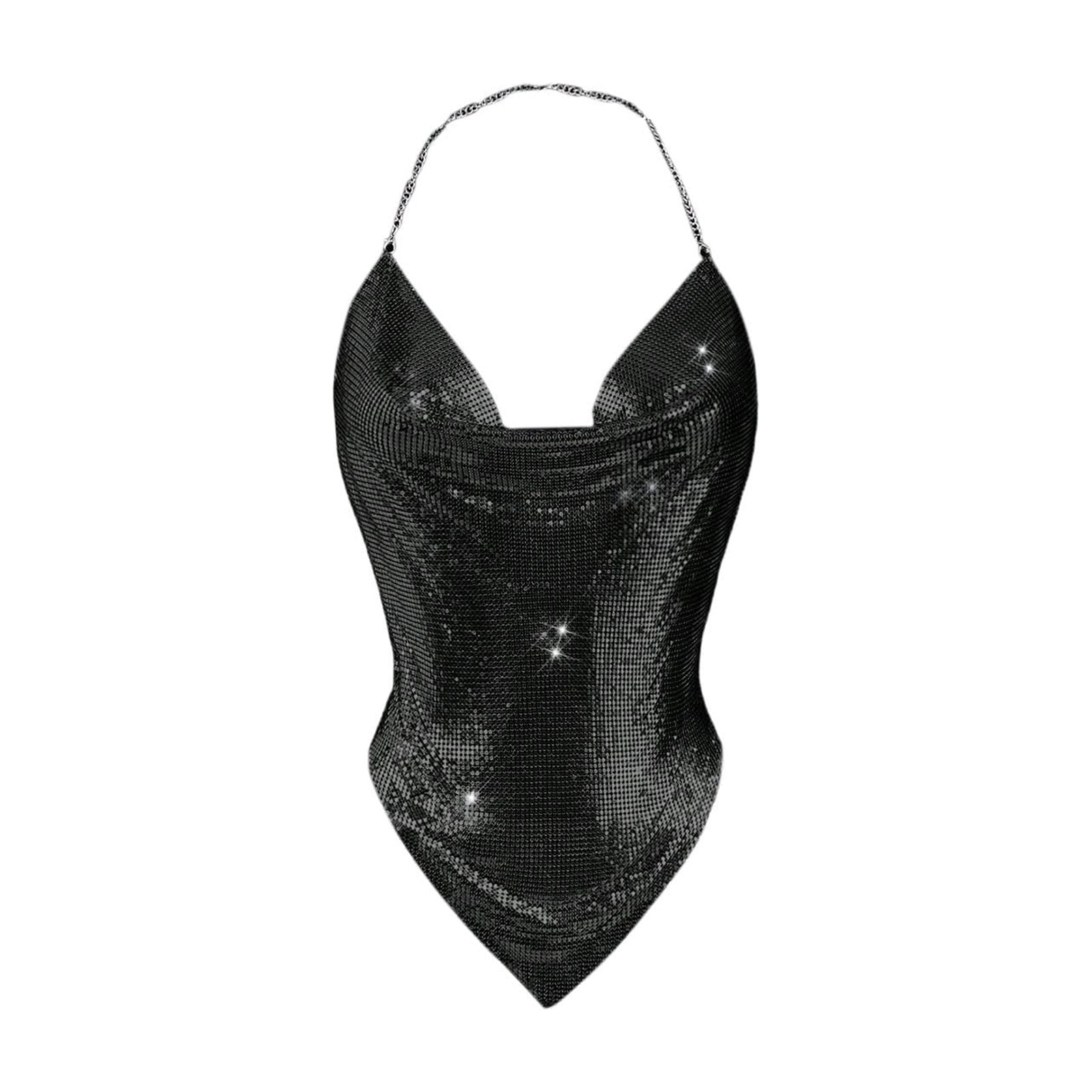 Kilaqueen Womens Sexy Metallic Sequins Sleeveless Halter Deep V Neck ...