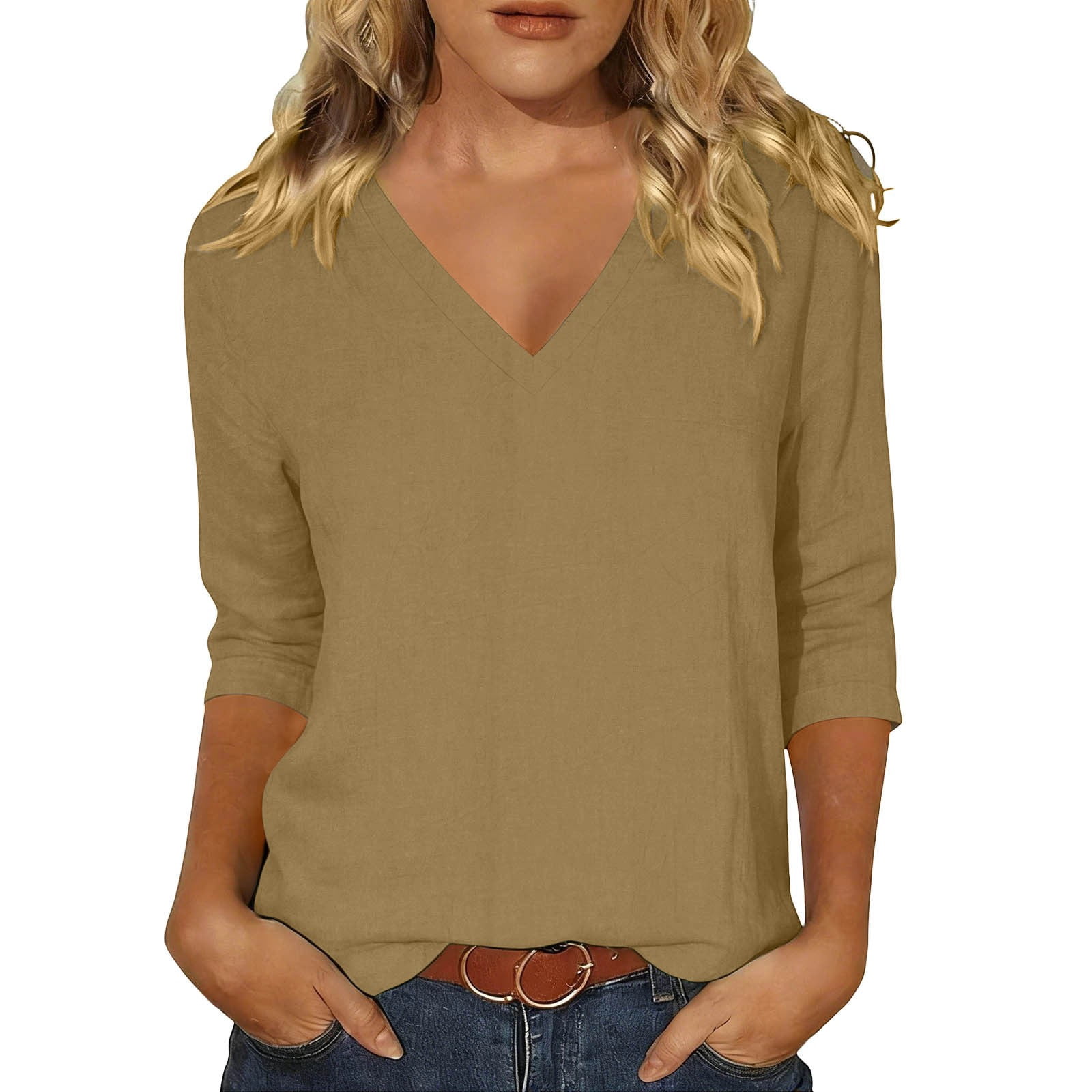 Kilaqueen Womens Summer Tops 3/4 Sleeve V Neck Solid Color Dressy ...