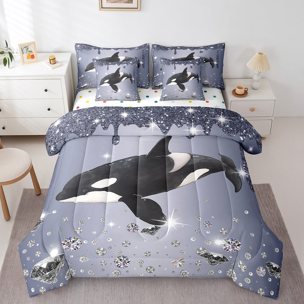 Killer Whale Comforter Set 7 Piece Bed in a Bag Twin,Black Sequin Fluid ...