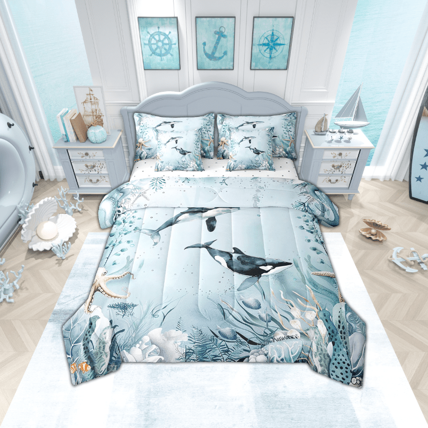 Killer Whale Orca Comforter Set 7 Piece Bed in a Bag Twin,Teal Blue ...