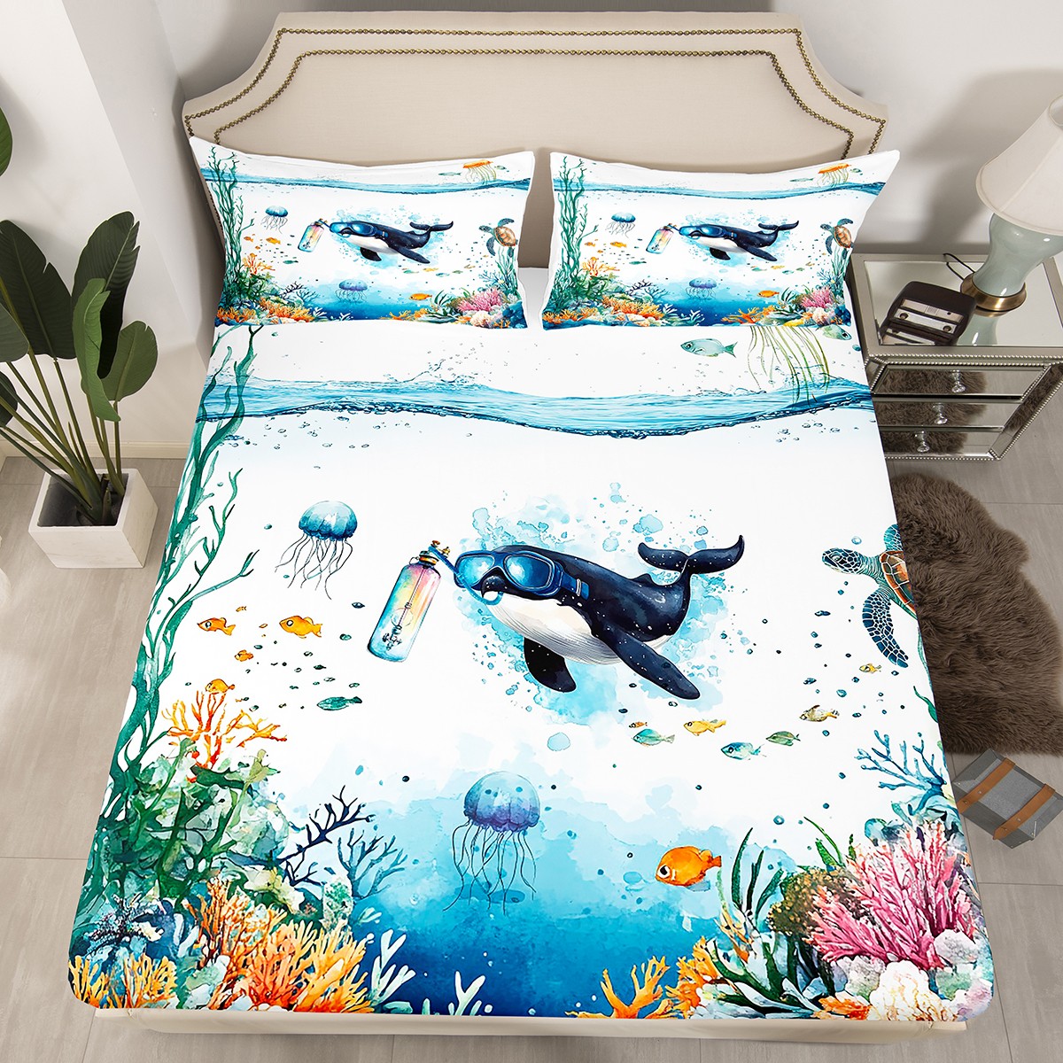 Killer Whale Orca Fitted Sheet Sea Turtle Jellyfish Coastal Twin Bed ...