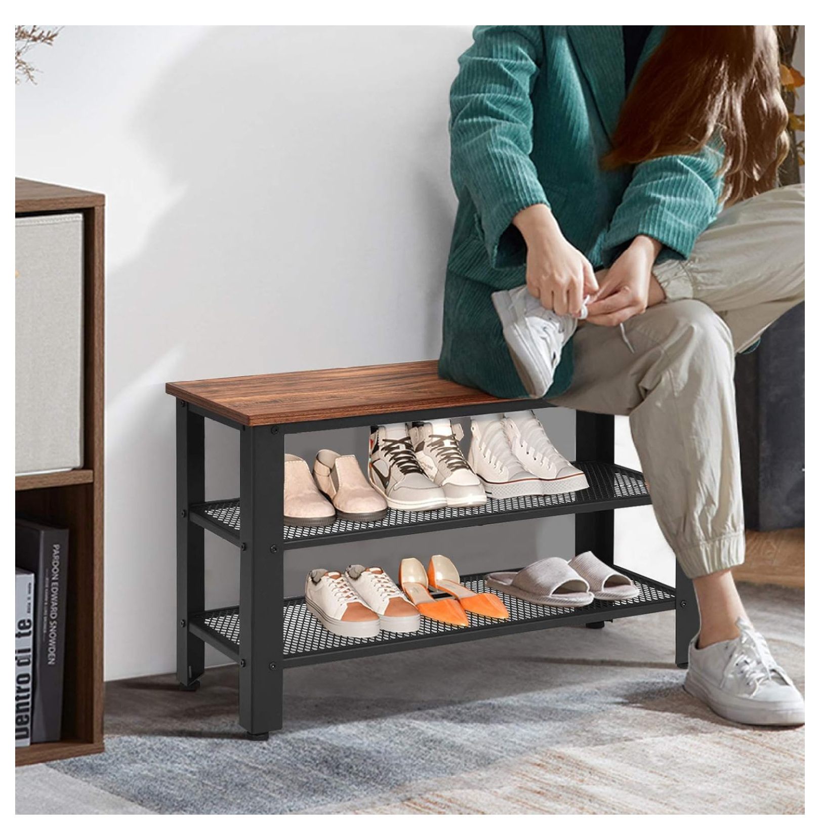 Killeryuki 3-Tier Shoe Rack Bench, Industrial Shoe Bench with 2 Mesh ...