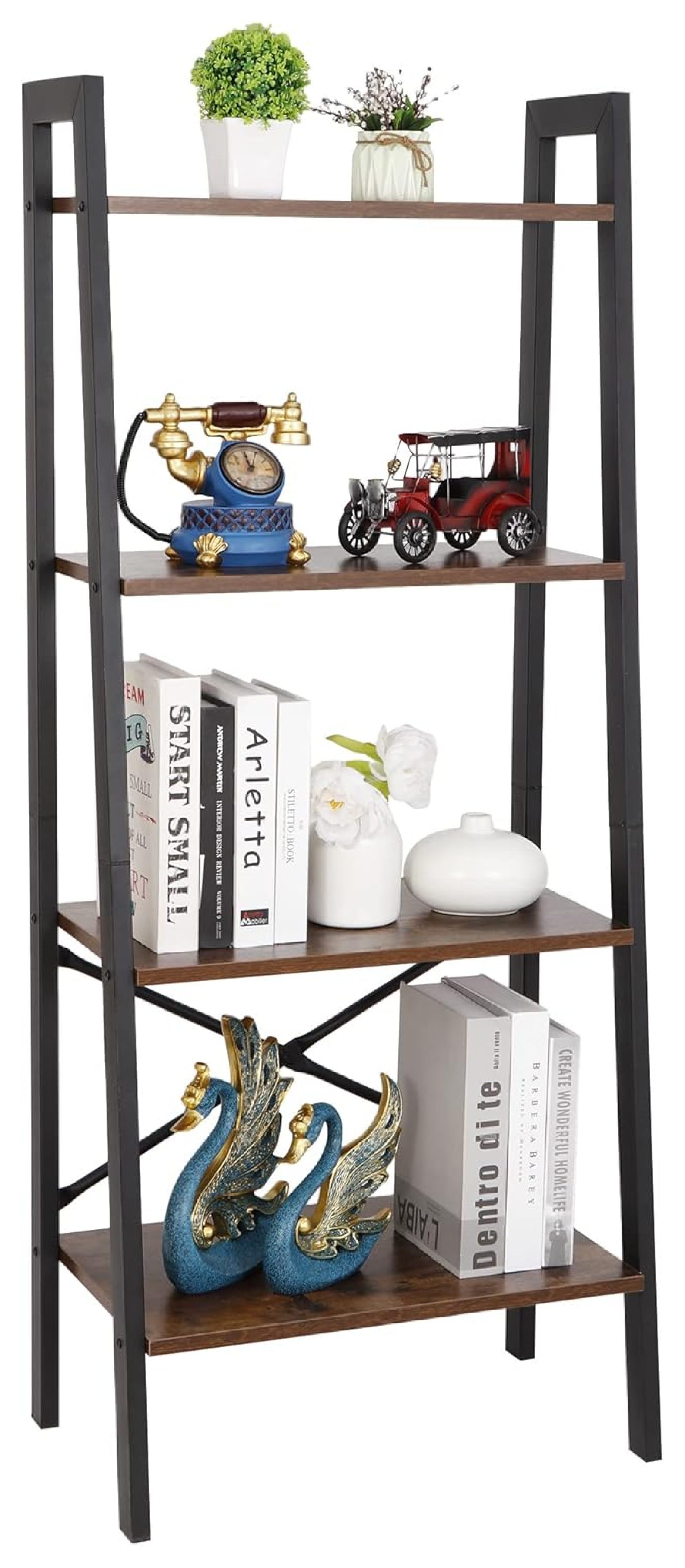 Killeryuki 4 Tier Bookshelf Rustic Ladder Shelf Wall Shelves Corner ...