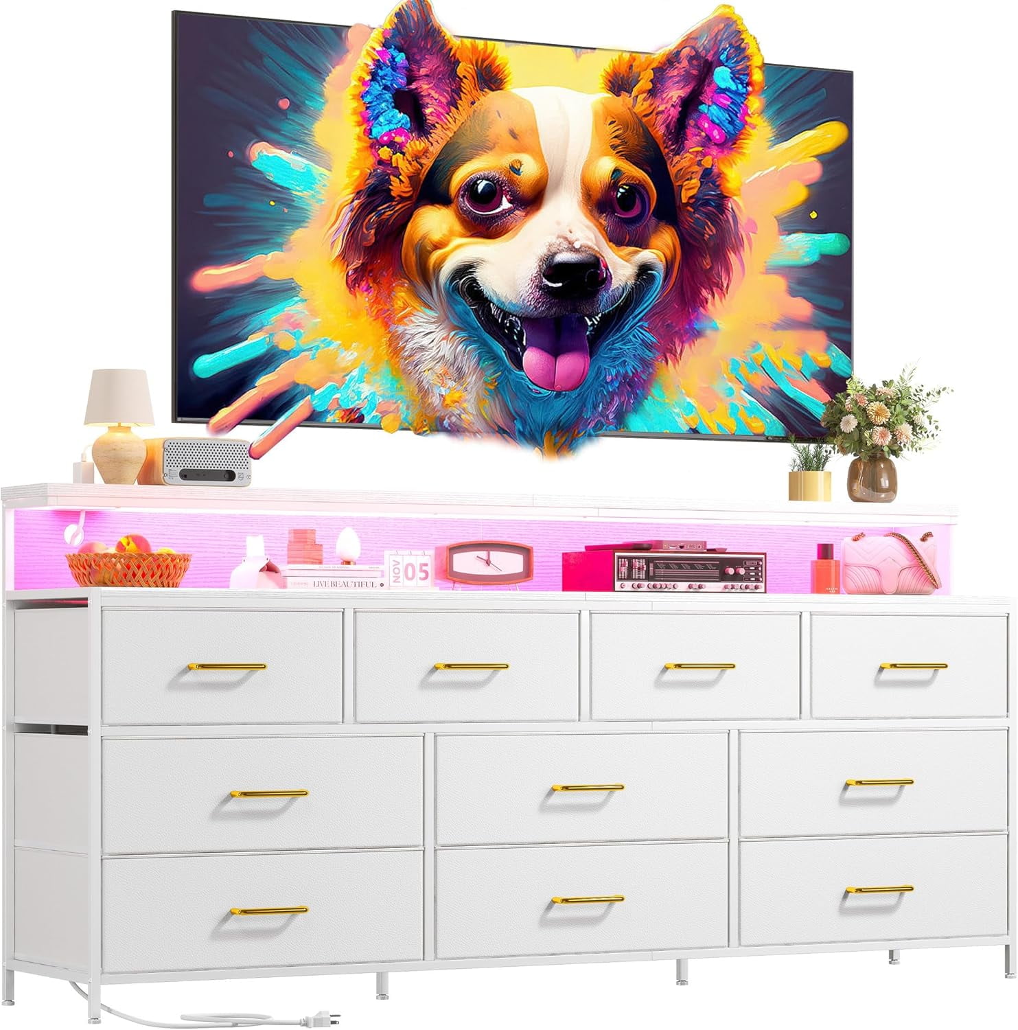 Killeryuki 55" W White Dresser for Bedroom with 10 Fabric Drawers Long ...