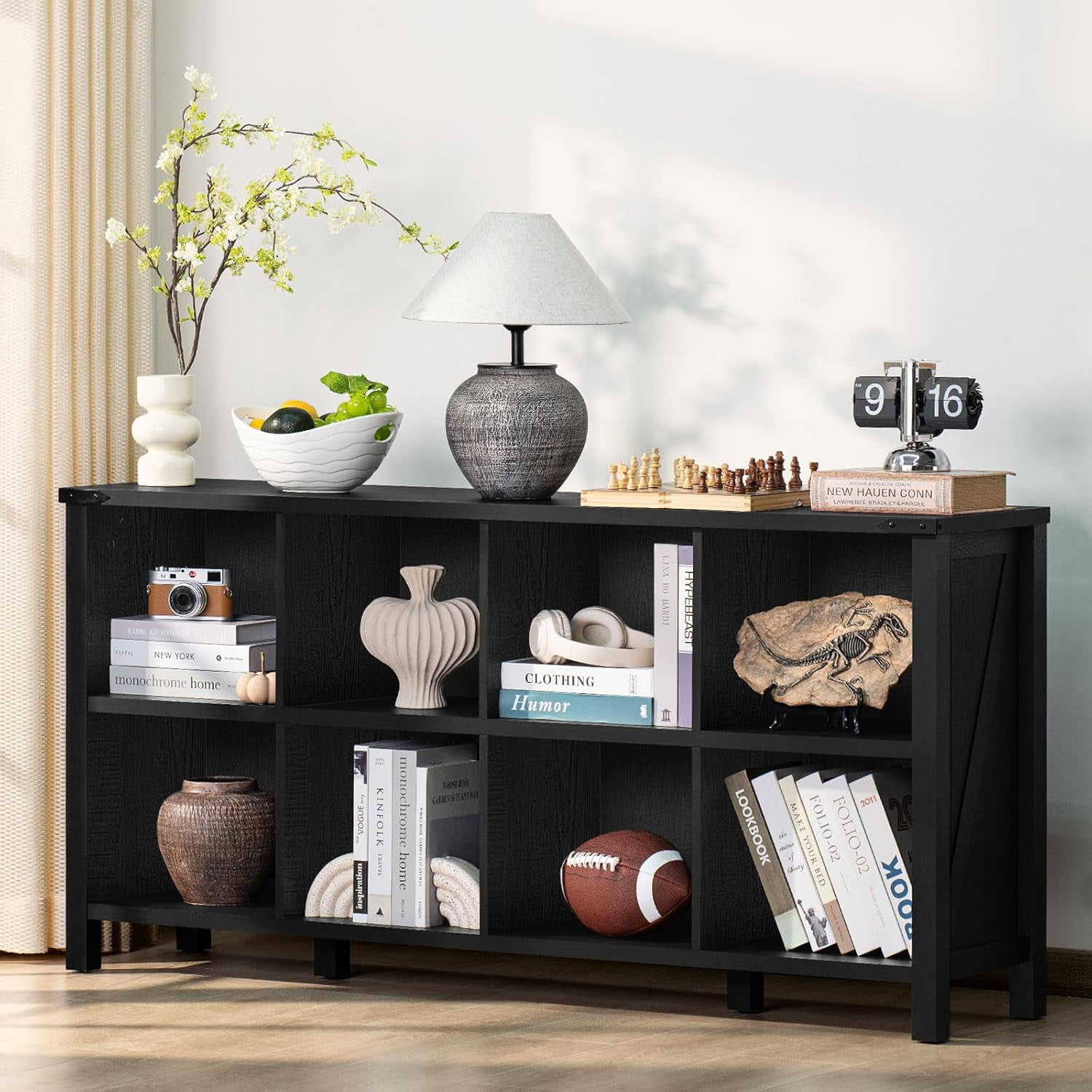 Killeryuki 8 Cube Book Shelf, Farmhouse Wood Long Storage Organizer Bookcase, 62" Horizontal ...