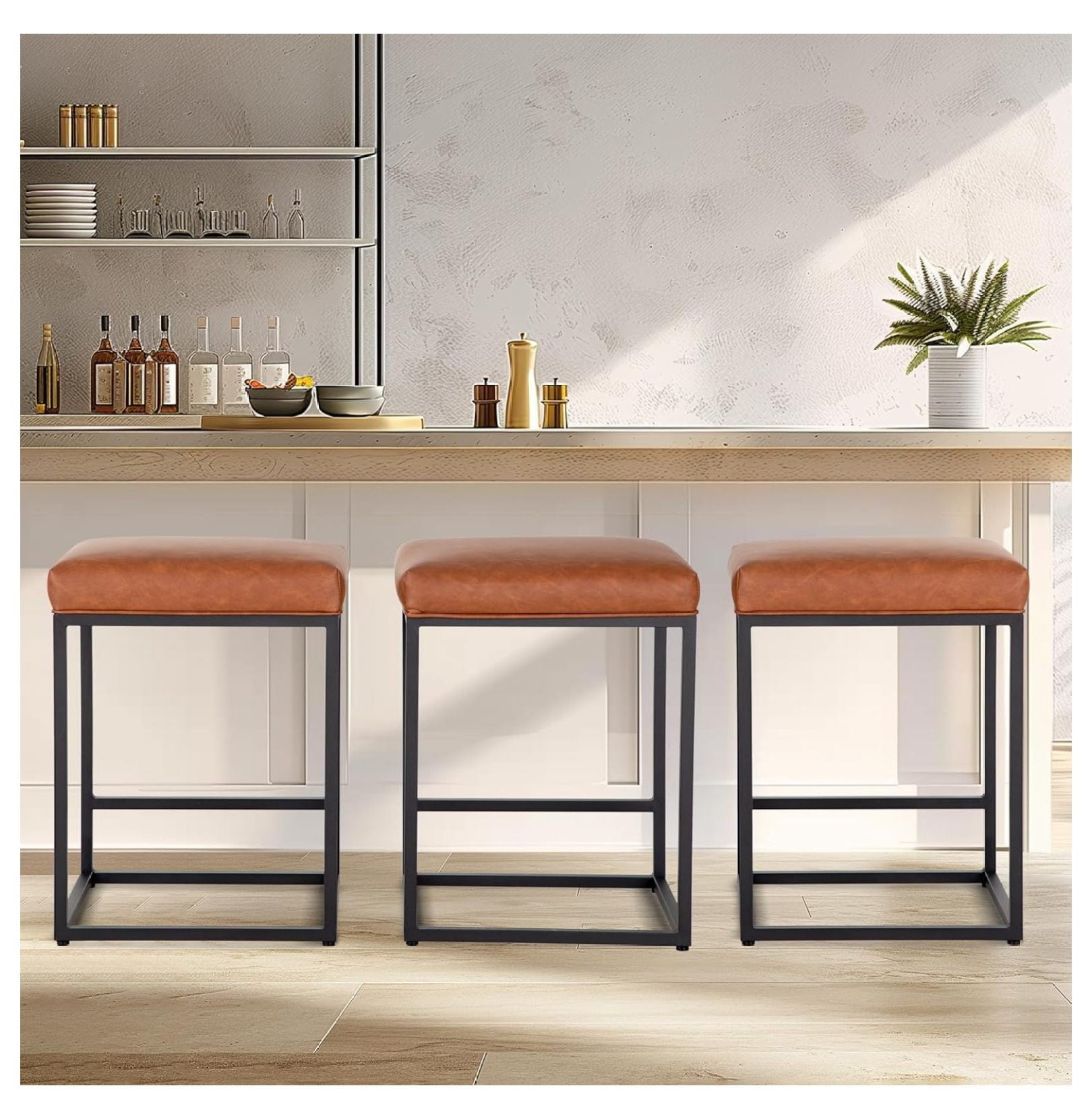Killeryuki Brown Counter Height Bar Stools Set of 3 for Kitchen Counter ...