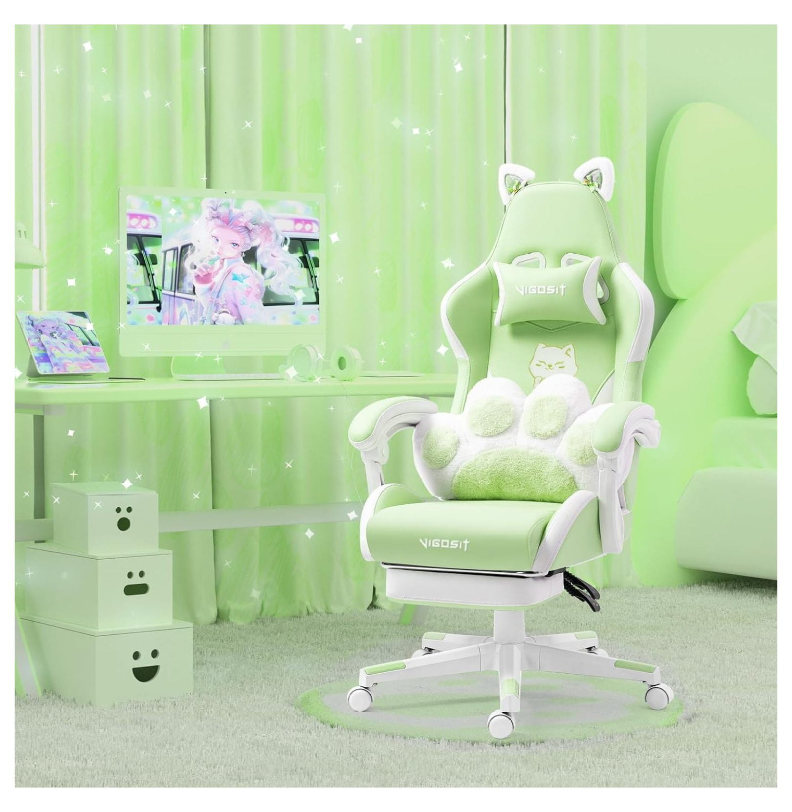Killeryuki Cute Gaming Chair with Cat Paw Lumbar Cushion and Cat Ears ...