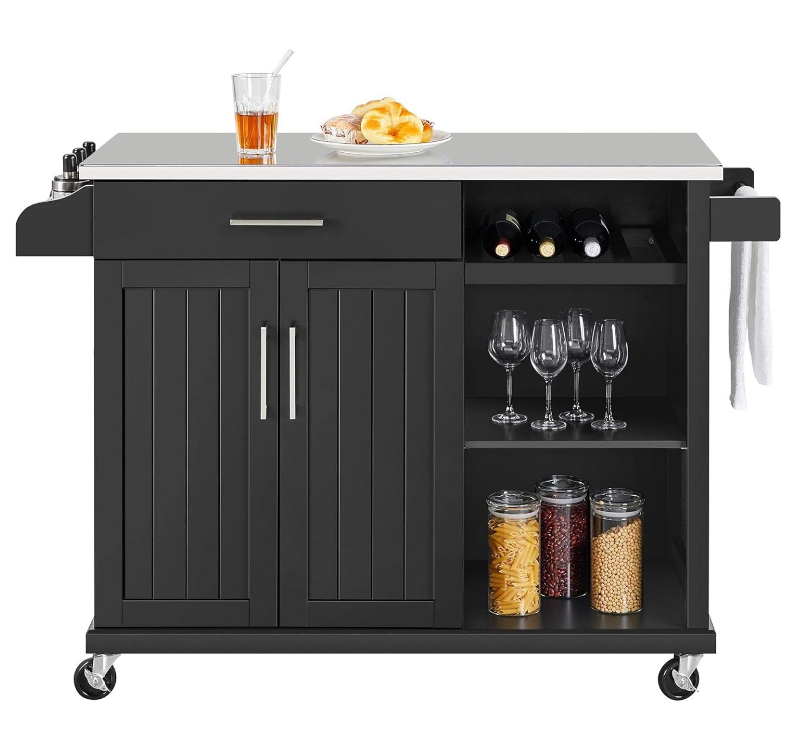 Killeryuki Kitchen Island with Stainless Steel Top and Storage Cabinet, Kitchen Cart On Lockable ...