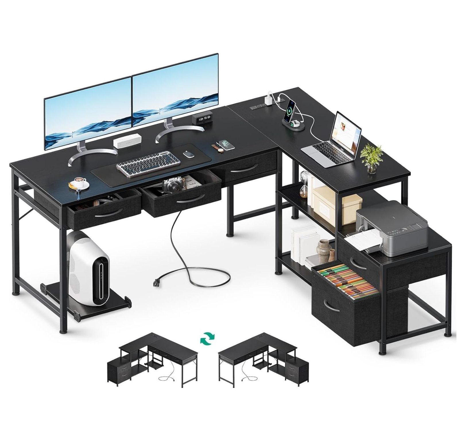 Killeryuki L Shaped Computer Desk with Fabric Drawers and File Cabinet ...