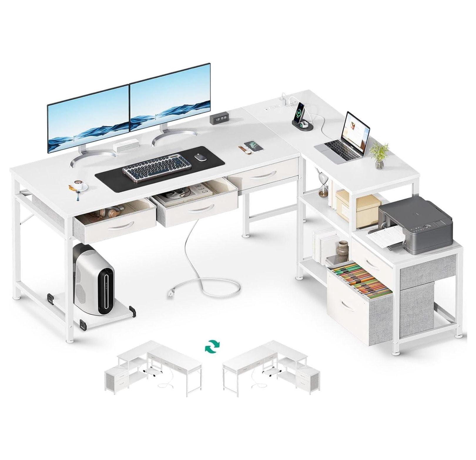 Killeryuki L Shaped Computer Desk with Fabric Drawers and File Cabinet ...