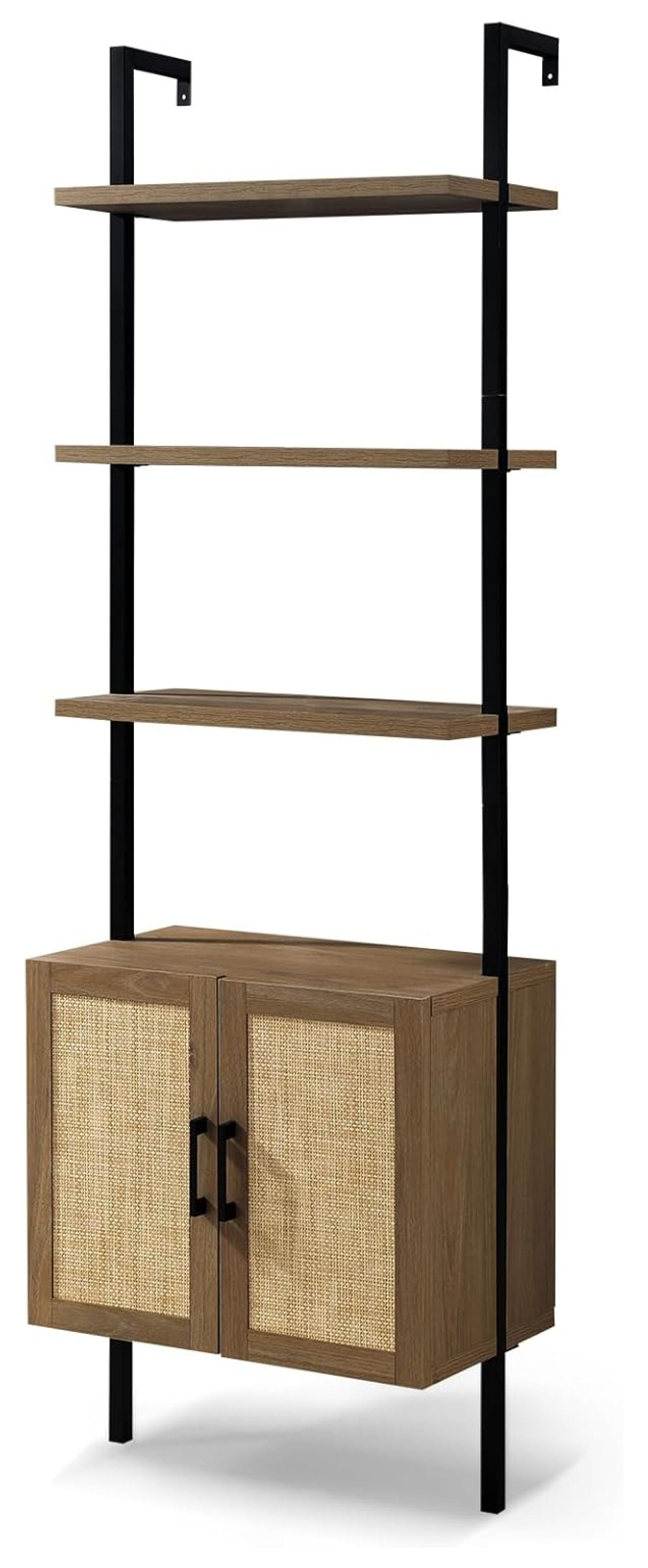 Killeryuki Ladder 5 Tier Bookshelf with Rattan Cabinet, 73" Tall ...