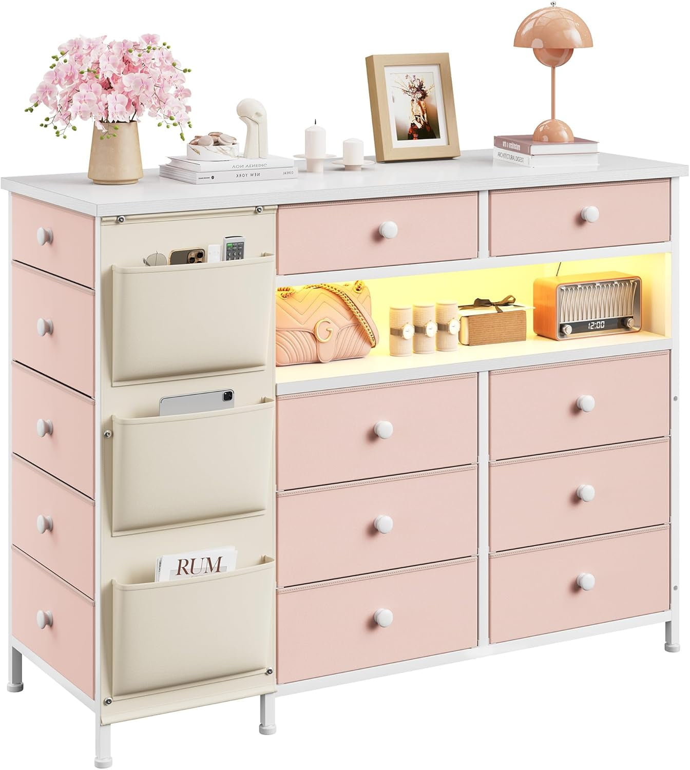 Killeryuki Pink Dresser for Bedroom with 13 Fabric Drawers and LED ...