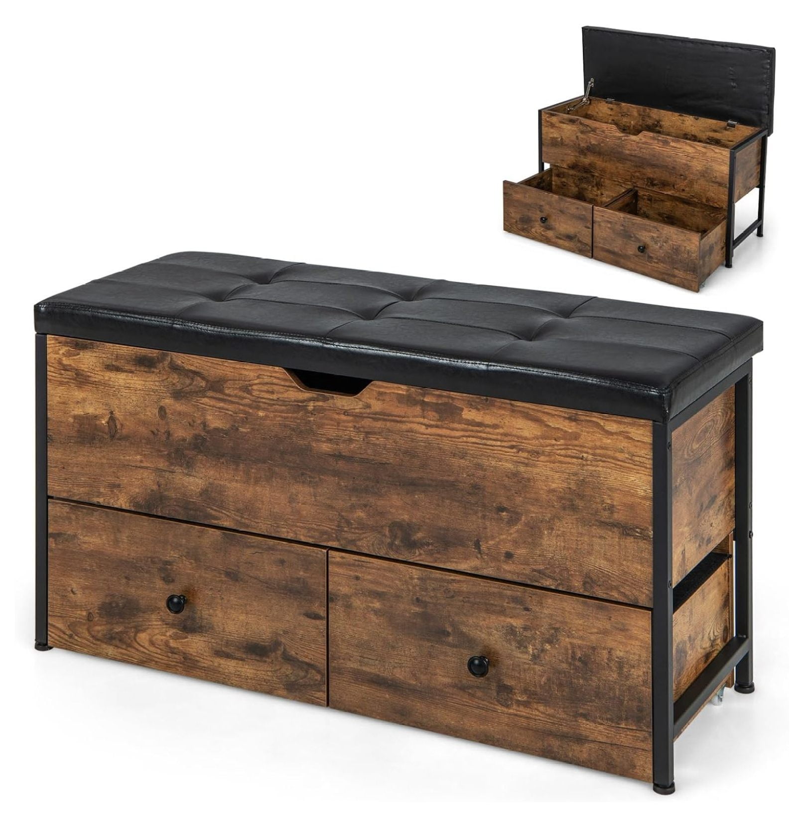 Killeryuki Storage Bench with Top Storage Chest, 2 Rolling Drawers ...