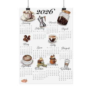 Kiloa 2026 Coffee Theme Calendar Poster, Hand-Drawn Doodles, 16x24 ...