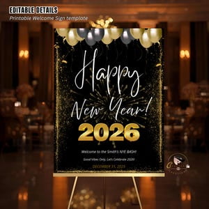 Kiloa Editable Happy New Year Party Welcome Sign Black Gold 2026 NYE ...