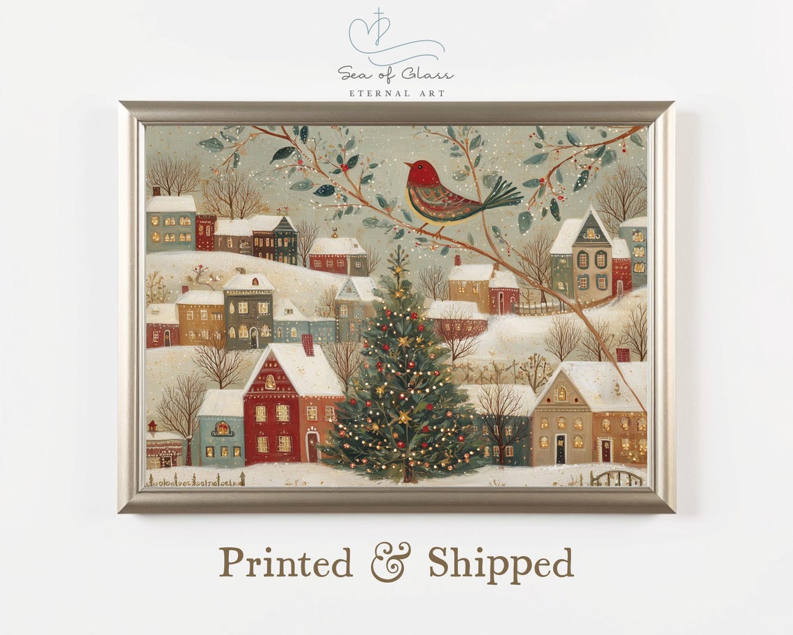 Kiloa Folk Art Winter Village Poster Nostalgic Seasonal Wall Art, 8x12 ...