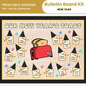 Kiloa New Year Resolutions Toast Theme Pun Bulletin Board Kit Printable ...