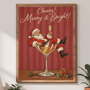 Kiloa Retro Drunken Santa Claus Poster, "Cheers! Merry & Bright!" Art ...