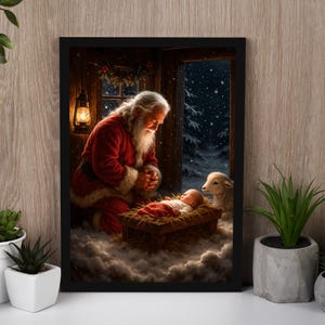 Kiloa Santa Claus praying to Baby Jesus, Kneeling Santa Nativity Scene ...