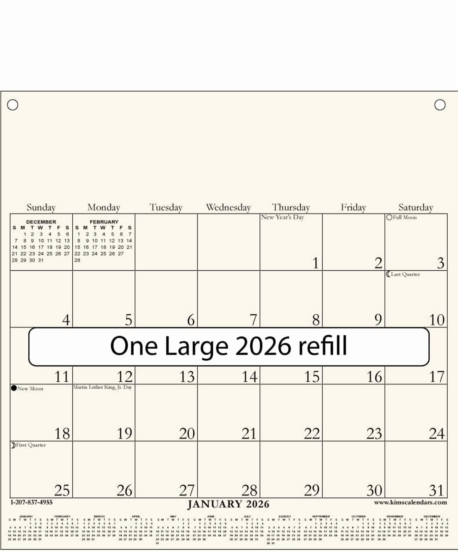 Kim's Calendars' "Large" Calendar Refill for 2026 measures 11" x 11 ...