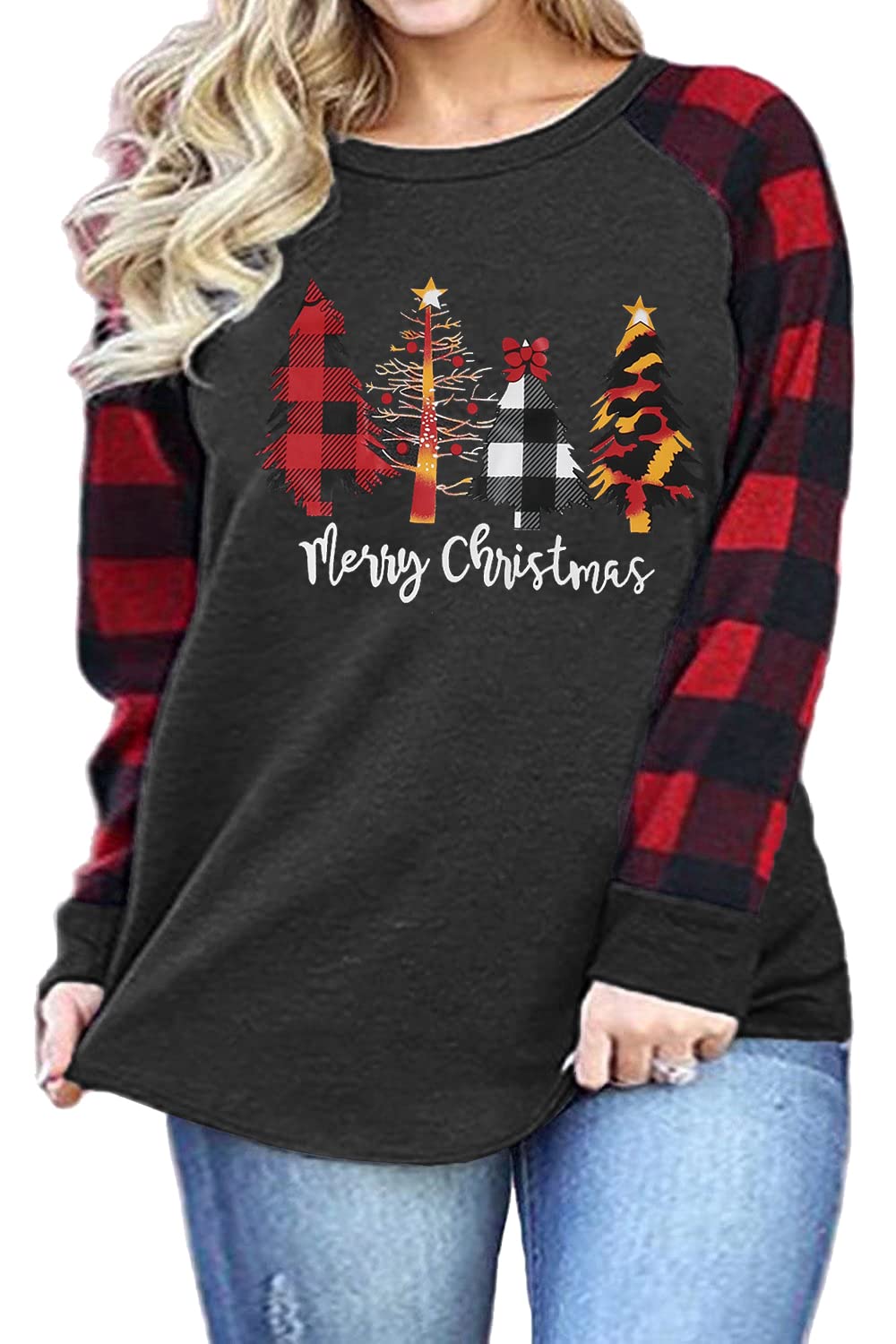 jsaierl Merry Christmas Shirts for Women Xmas Buffalo Plaid Tree Shirt ...