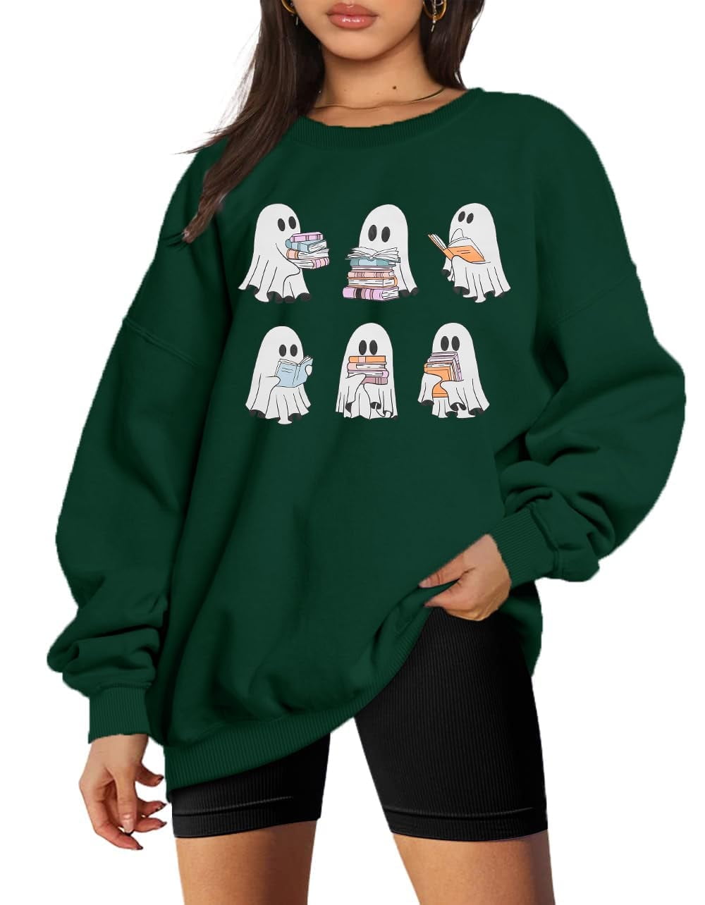 KimSoong Halloween Sweatshirts for Women Ghost Reading Books Sweater ...