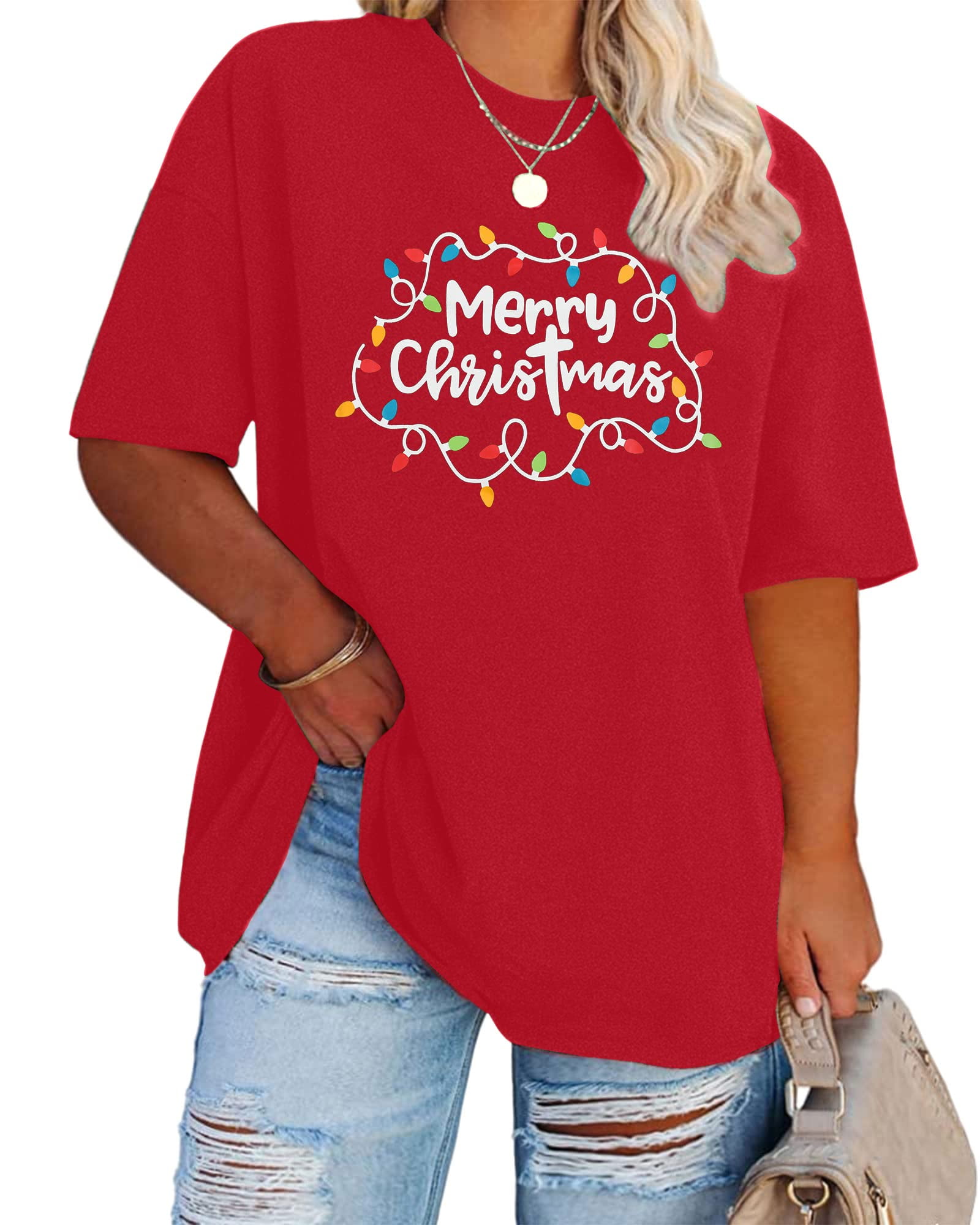 KimSoong Merry Christmas Plus Size Shirt Women Christmas Lights T-Shirt ...
