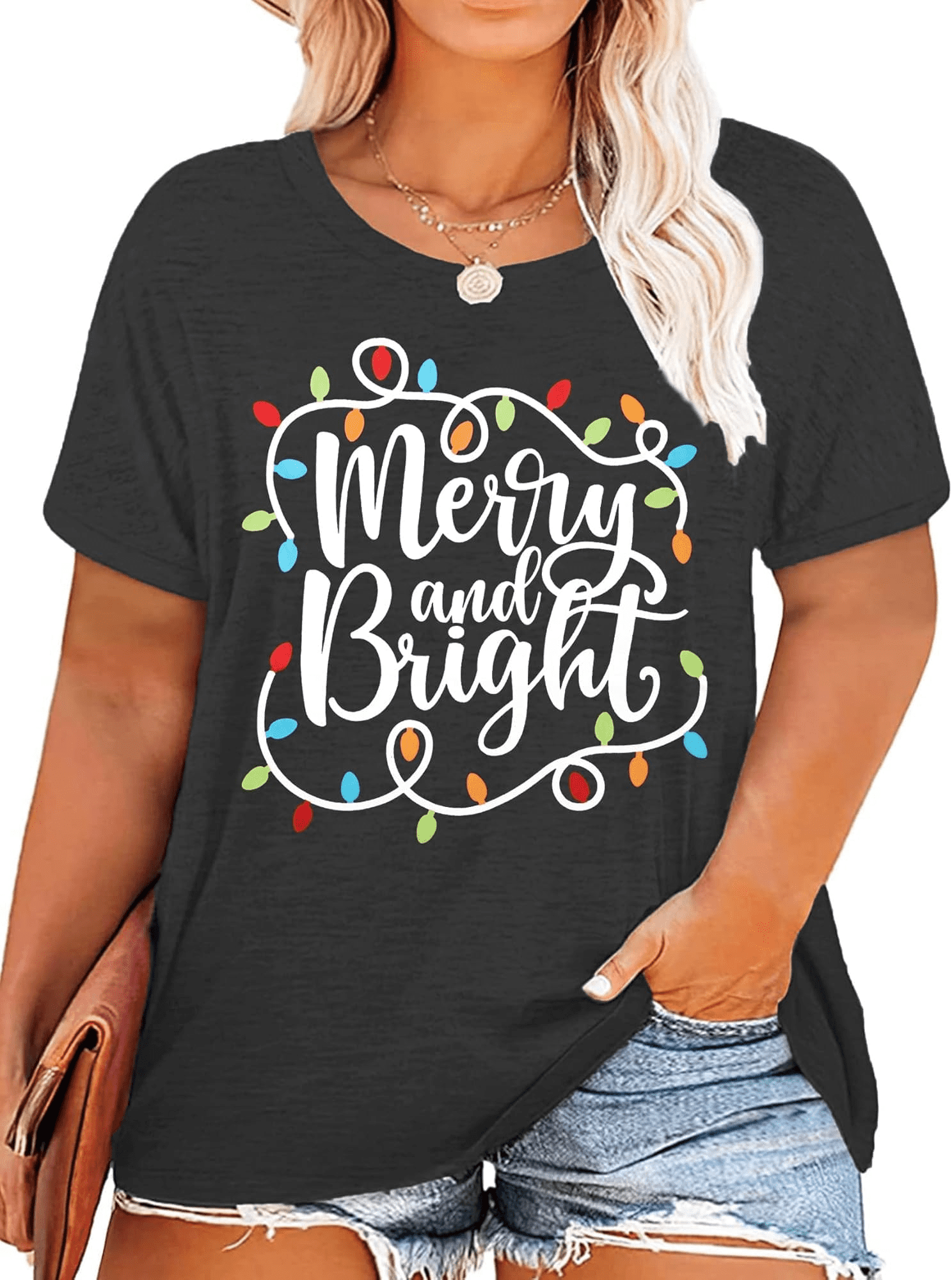 KimSoong Women Merry Christmas Shirt Plus Size Christmas Lights Graphic ...