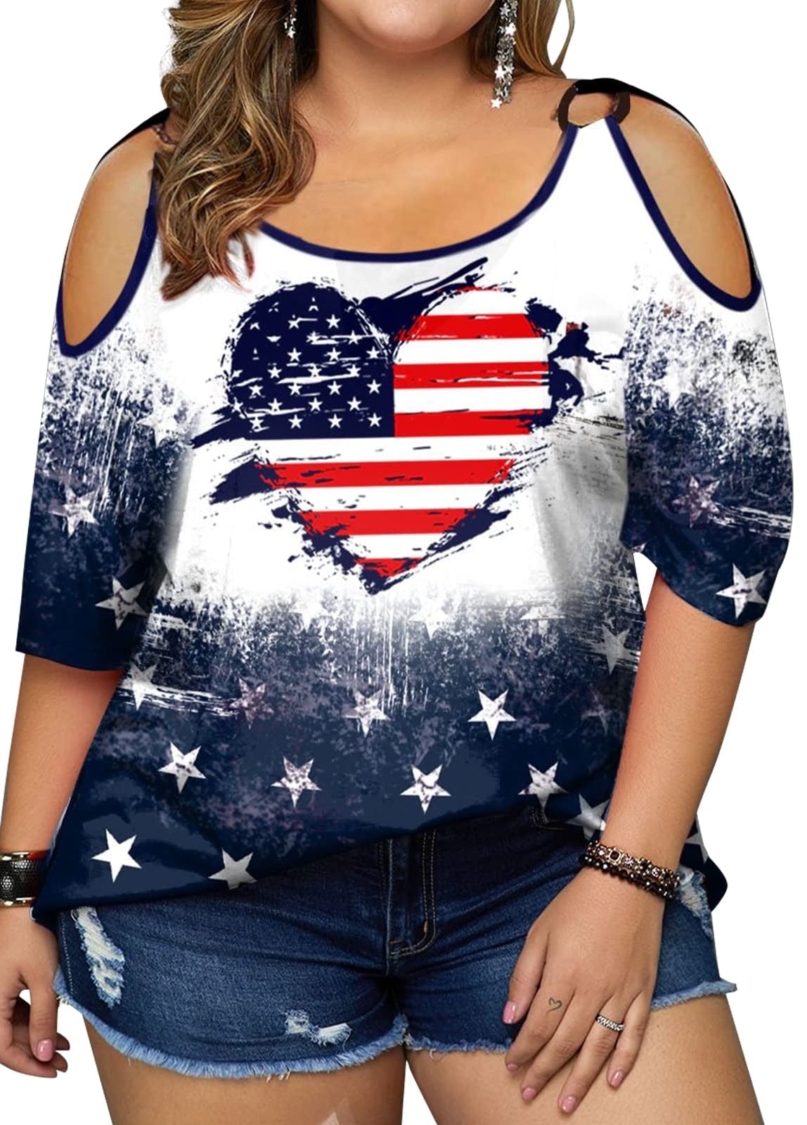 KimSoong Women Plus Size Cold Shoulder American Flag T-Shirt 4th of ...