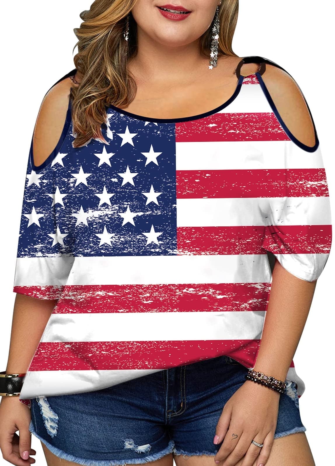 KimSoong Women Plus Size American Flag T-Shirt, Patriotic Cold Shoulder ...