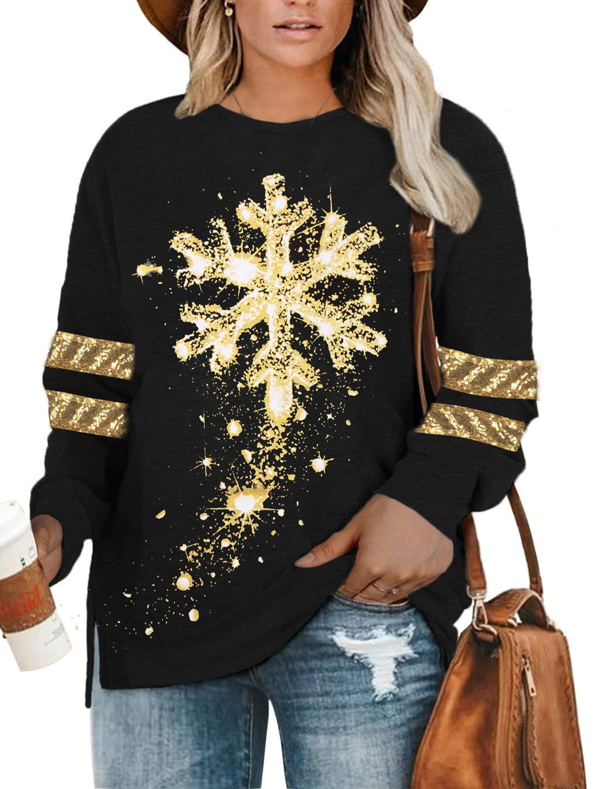 KimSoong Plus Size Christmas Snowflake Sweatshirt Women Sequin Graphic ...