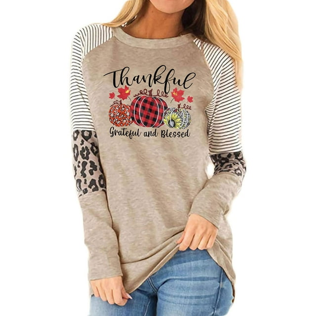 KimSoong Thanksgiving Shirts Thankful Grateful Blessed Shirt Women Pumpkin Long Sleeve Raglan ...